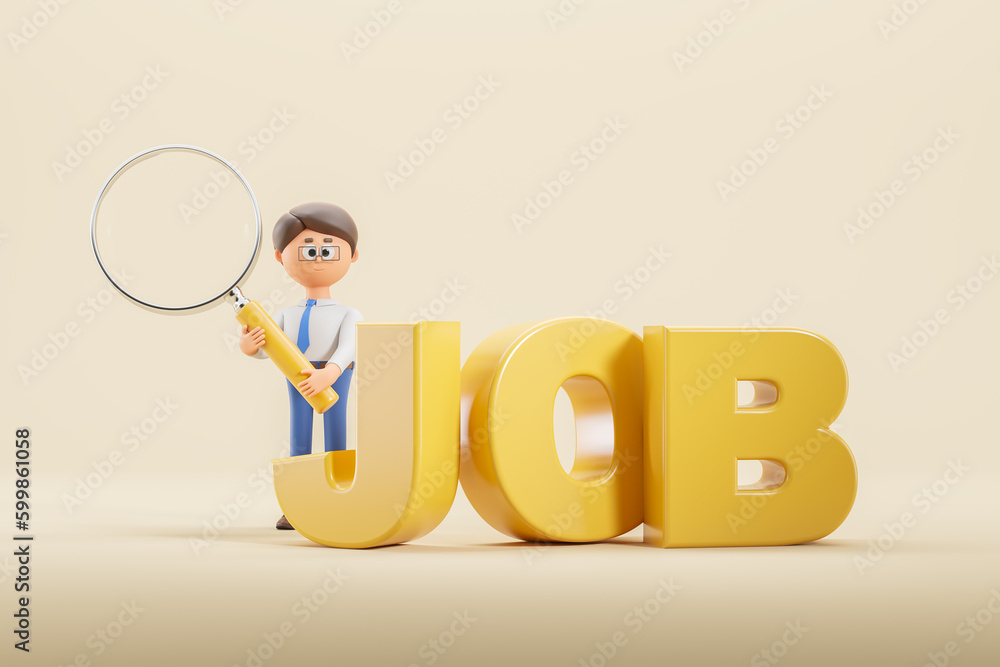 3d rendering. Cartoon businessman with magnifying glass looking for a ...