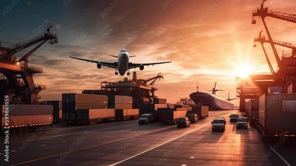 Transportation of containers in the port, a plane in the sky. Cranes ...