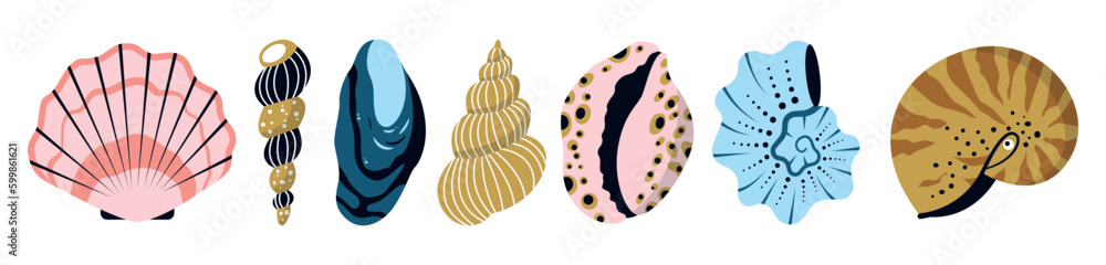 Sea shell, sink cartoon set. Ocean exotic underwater seashell conch ...