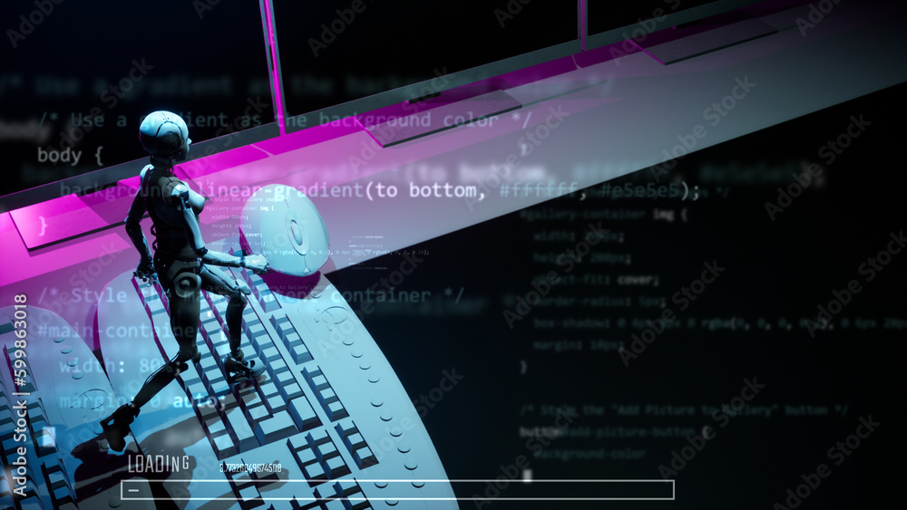 3d illustration of female robot humanoid walking on old keyboards and take human job with ...