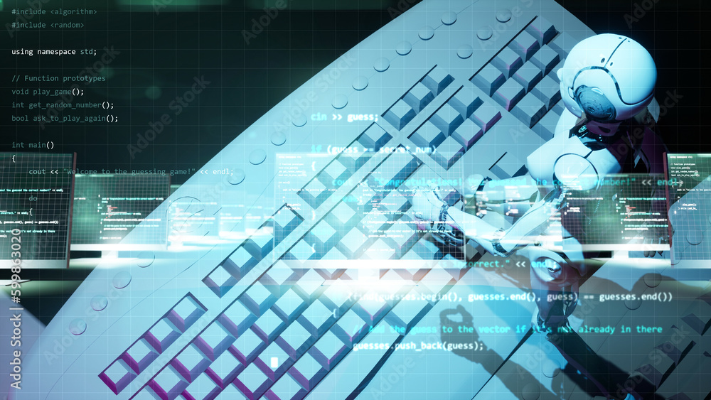 3d illustration of female robot humanoid walking on keyboards with hud ...