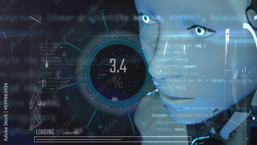 3d illustration of female robot humanoid artificial intelligence hud ...