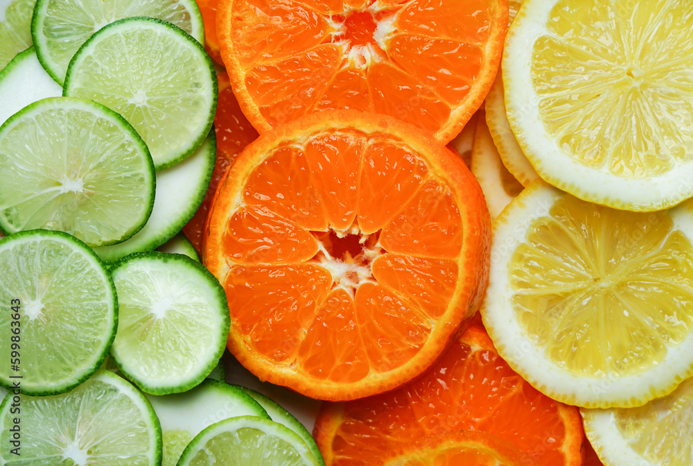 Closed up fresh sour fruit sliced circle shape with three color ...