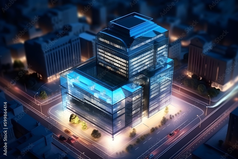 3D modeling of futuristic office building in middle of the city with ...