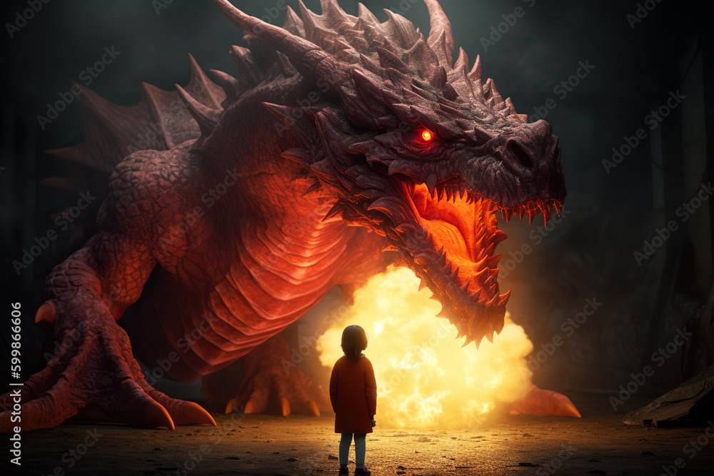 Little boy standing in front of huge red fire breathing dragon, fantasy ...