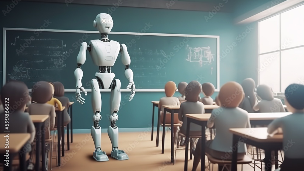 AI replacing teachers. Futuristic robot working in school, standing in ...
