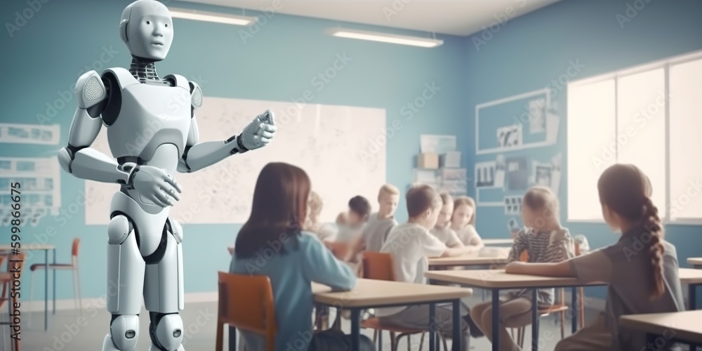 AI replacing teachers. Futuristic robot working in school, standing in ...