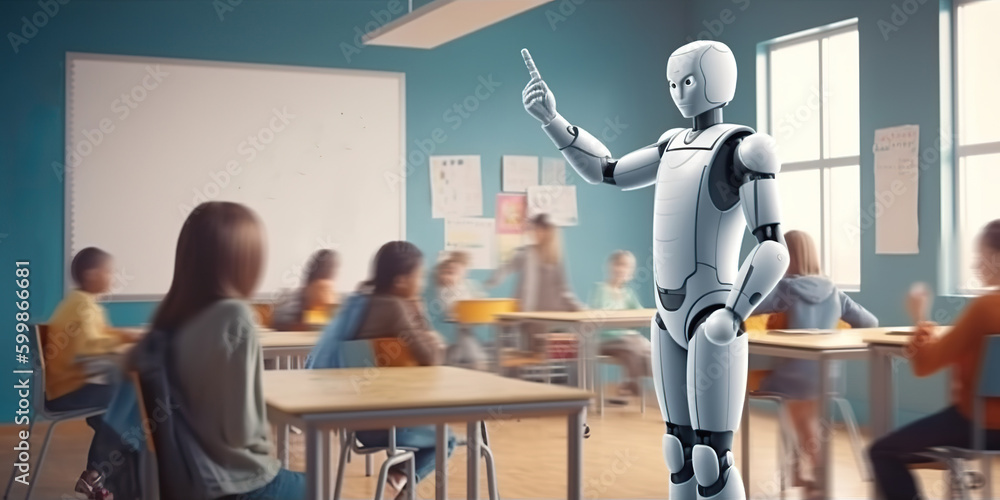 AI replacing teachers. Futuristic robot working in school, standing in ...