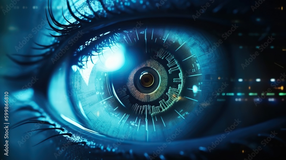 Futuristic robot eye technology, blue digital iris. Generative AI Stock ...