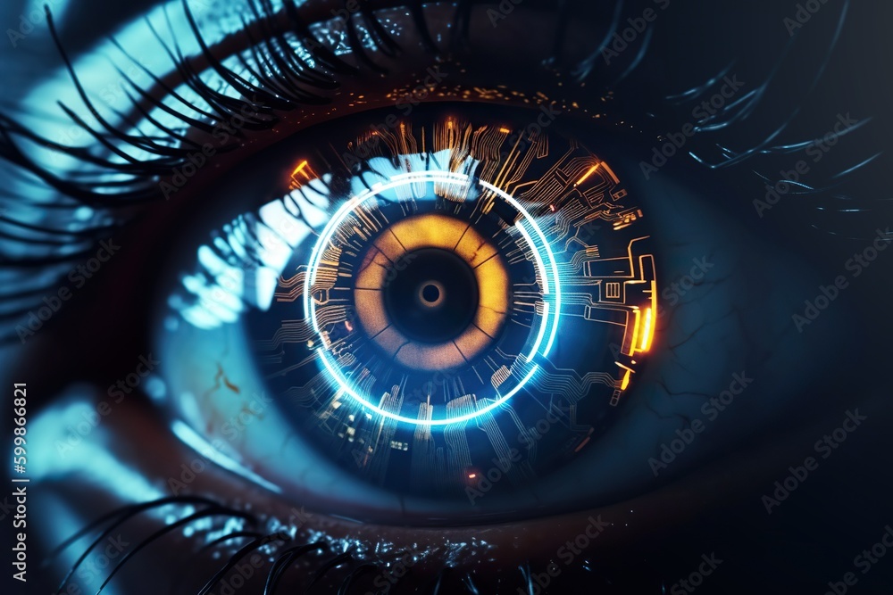 Futuristic robot eye technology, blue digital iris. Generative AI Stock ...