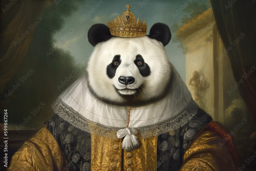 Panda queen renaissance art portrait, medieval oil painting. Generative AI Stock Illustration ...