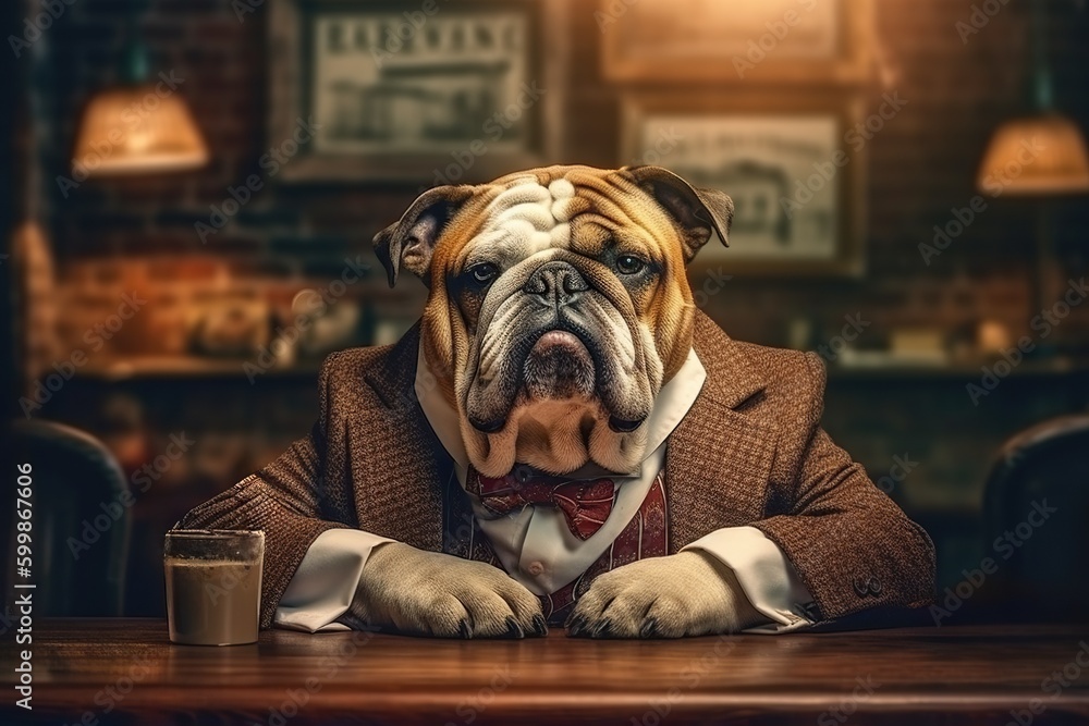 Portrait of bulldog as old mafia boss, gangster wearing vintage suit ...