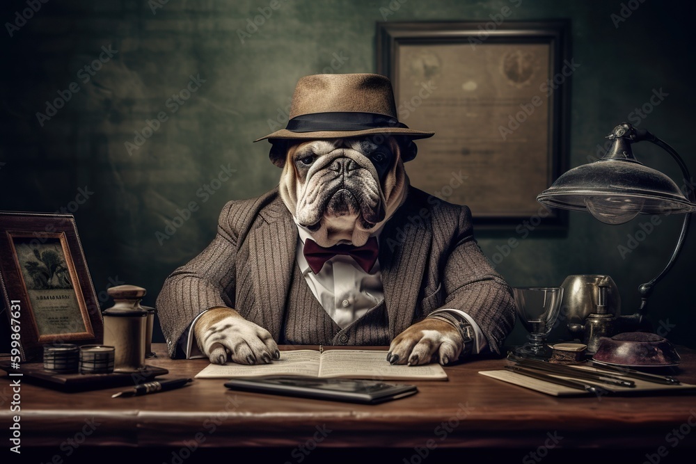 Portrait of bulldog as old mafia boss, gangster wearing vintage suit ...