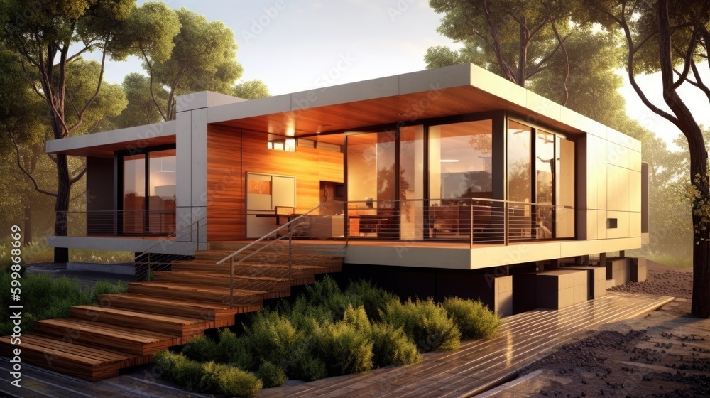 The modular home exterior design of a modern architecture with warm ...