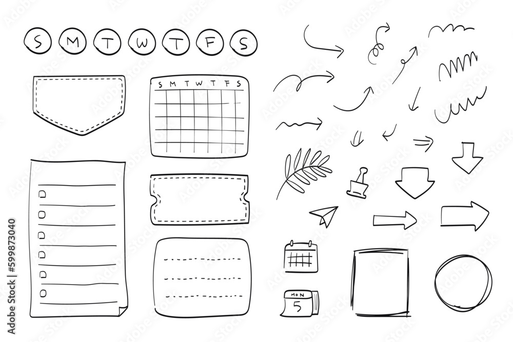 set of frames and banners for digital planning, hand drawn doodles of ...