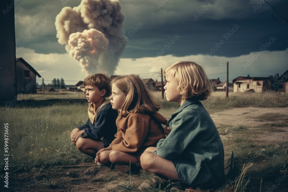 Three sad children watching a nuclear war with an atom bomb explosion ...