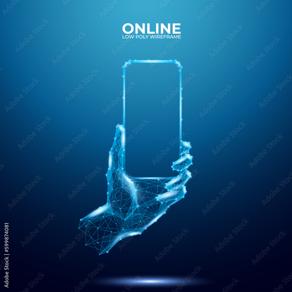 Abstract hand holding phone with blank screen in polygons on blue ...