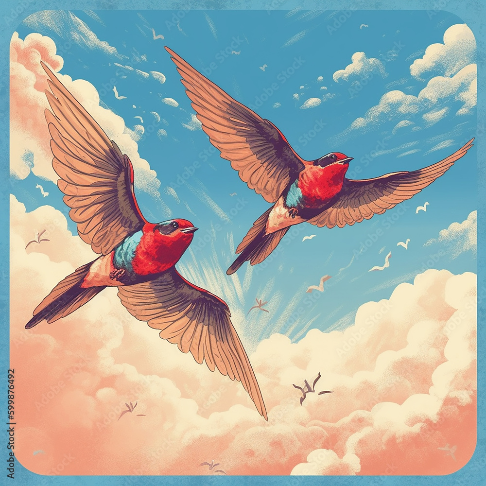 Swallow illustration , illustration of flying two swallow. Blu sky and ...