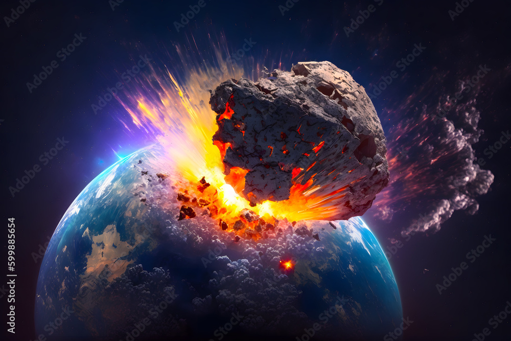 Asteroid impact, end of world, judgment day. Group of burning exploding ...