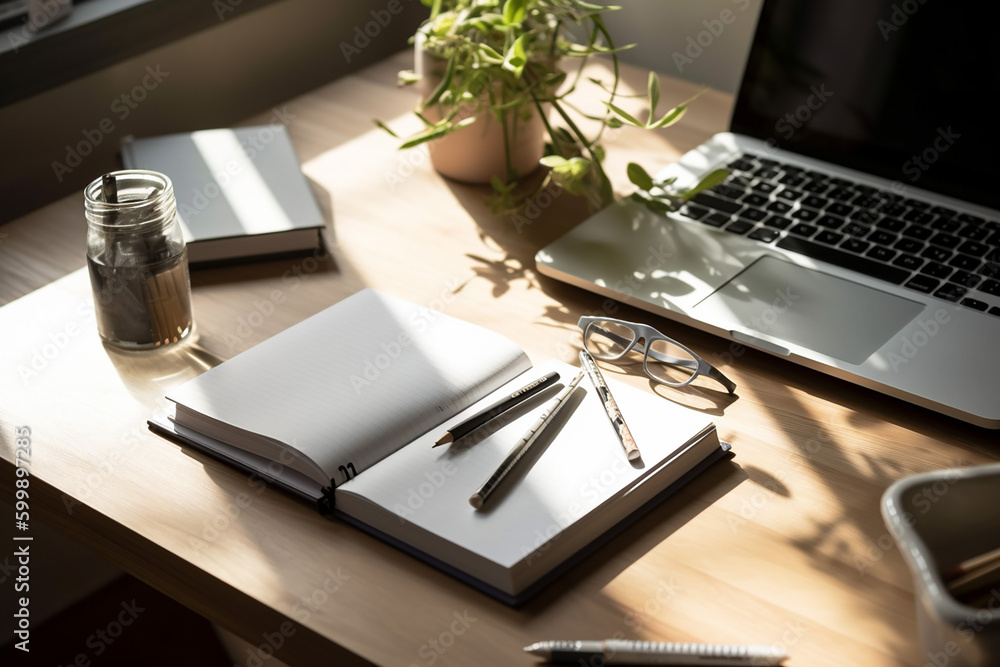 Working table with open notebook, laptop, and a plant, day sun light ...
