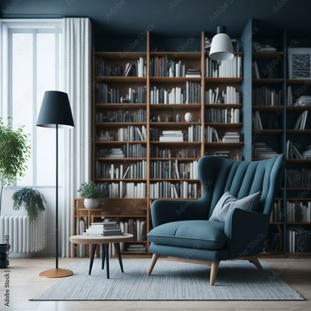 scandinavian bookcase with armchair in modern cozy interior of room ...