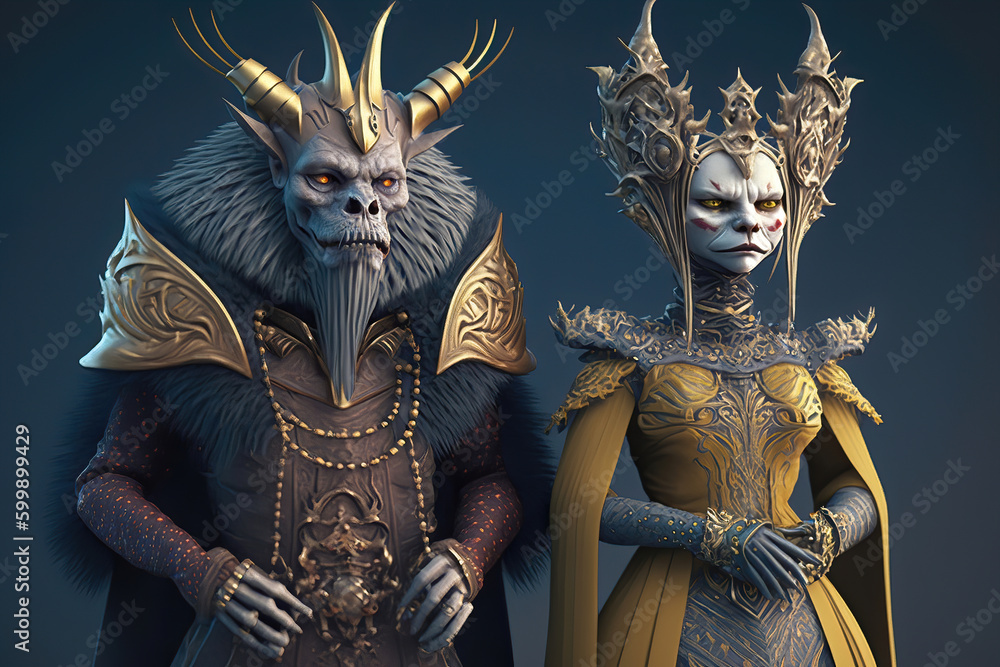 Weird king and queen, scary alien creature, fantasy illustration ...