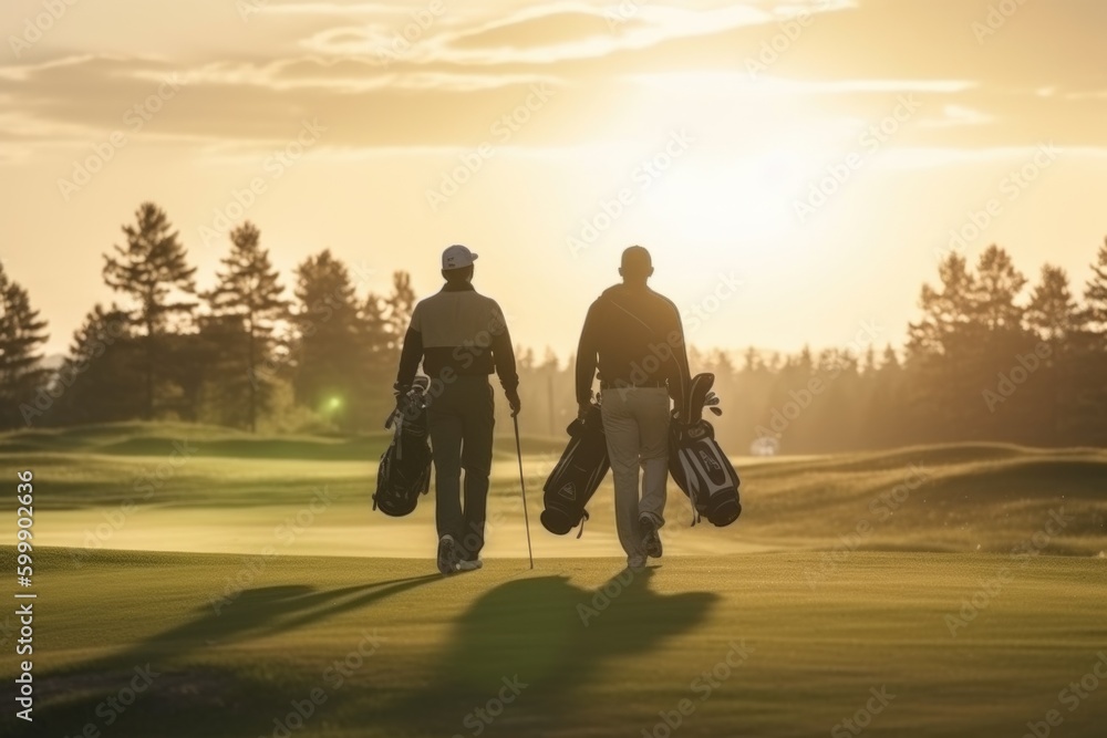 multiethnic golf players with golf clubs in bags walking on golf course ...