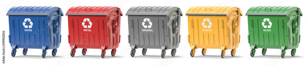 Garbage containers with separated garbage. Trash bins for plastic, glass, paper and organic ...