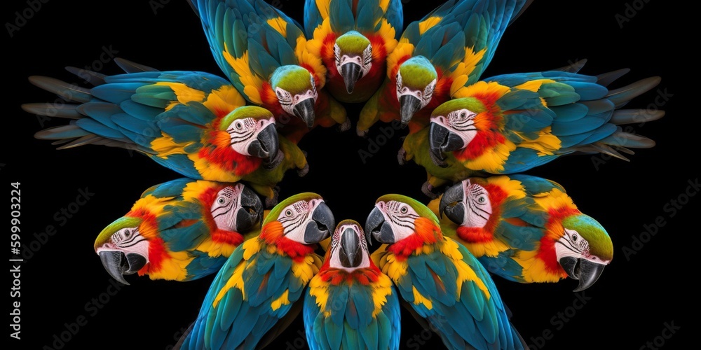 Group of colorful macaws forming a living kaleidoscope pattern against ...