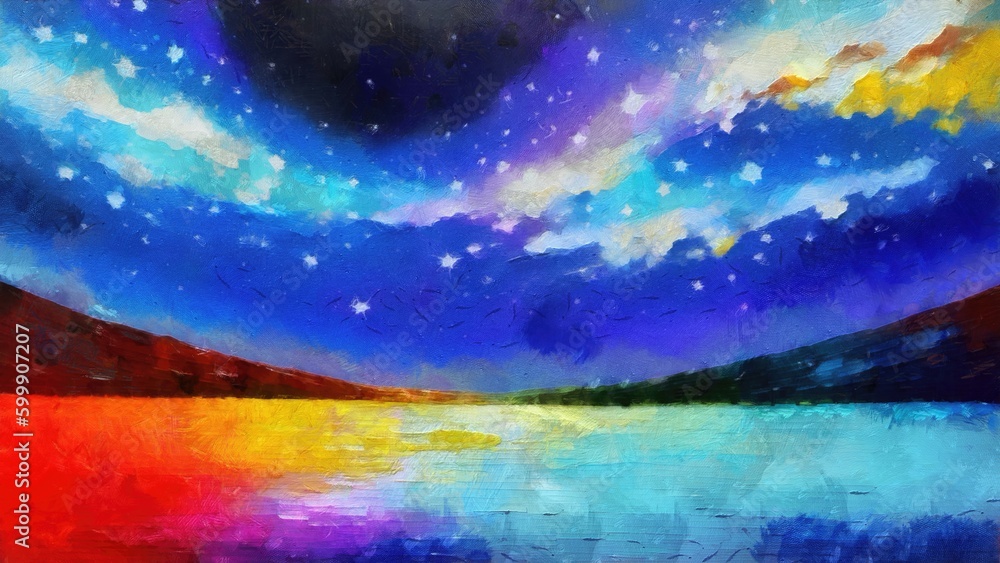 Abstract painting of the night sky with stars and clouds, digital ...