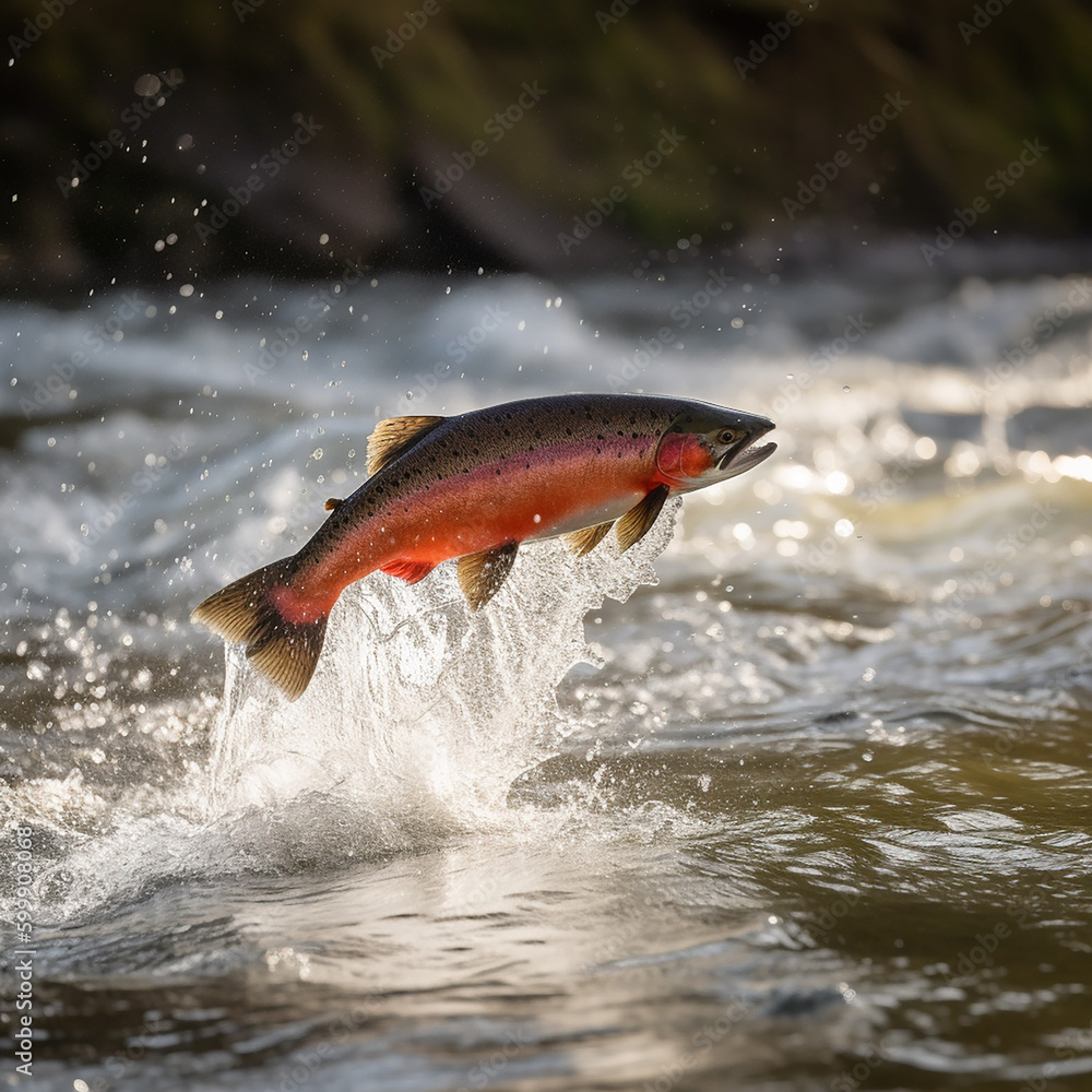 Red fish salmon trout jumps out of a mountain stream, a beautiful ...
