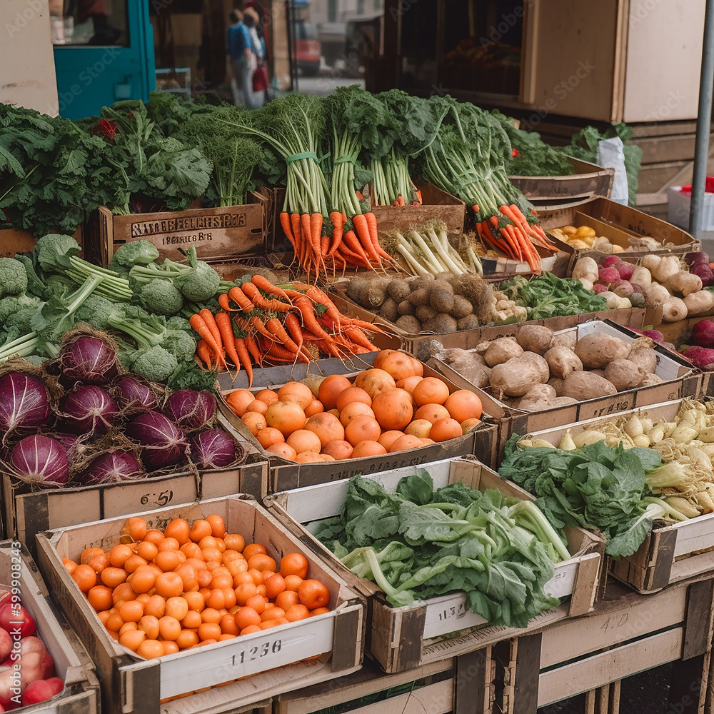 Counter of a street vegetable shop, fresh ripe fruits and vegetables in ...