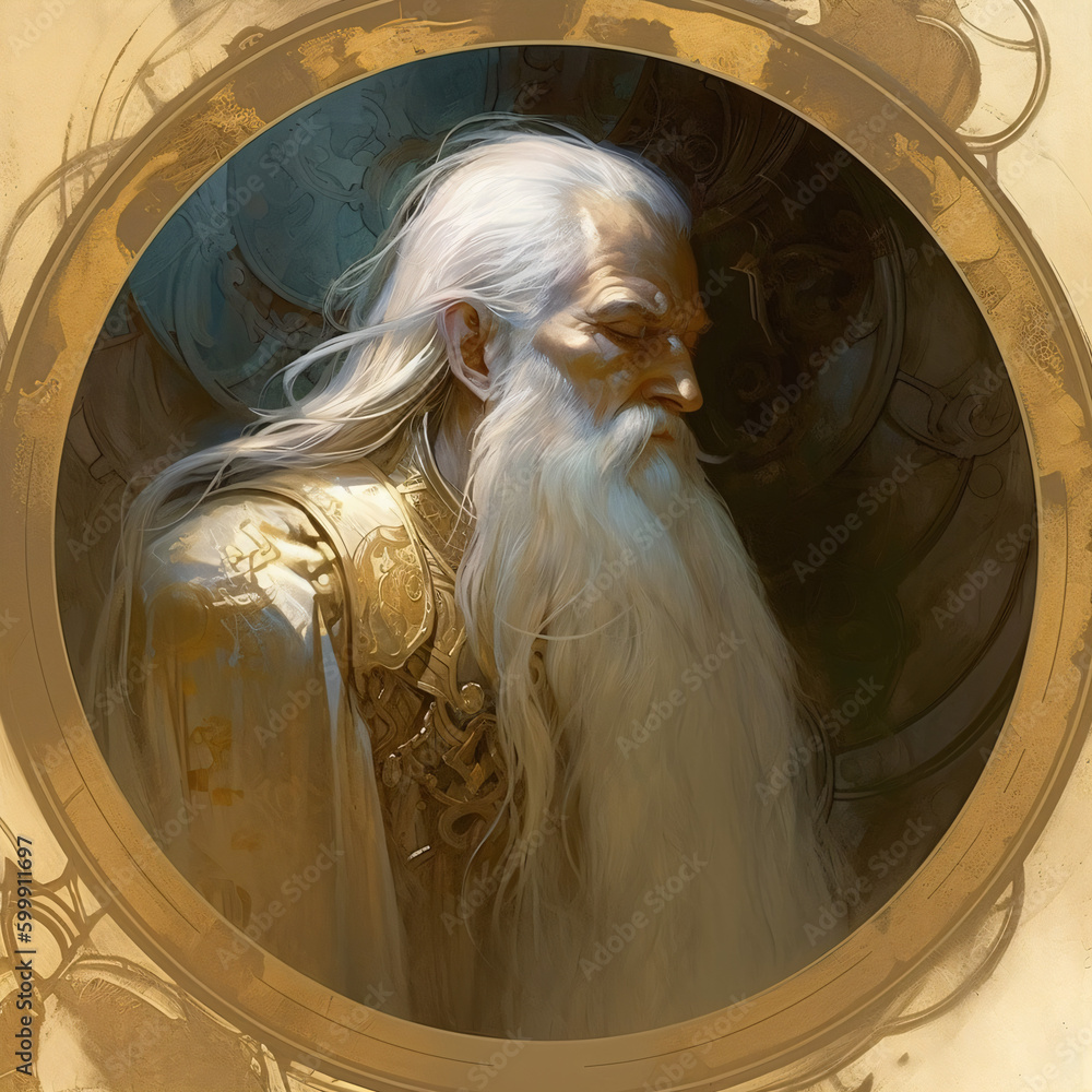 an old wizard man with a long white beard surrounded by a golden frame ...