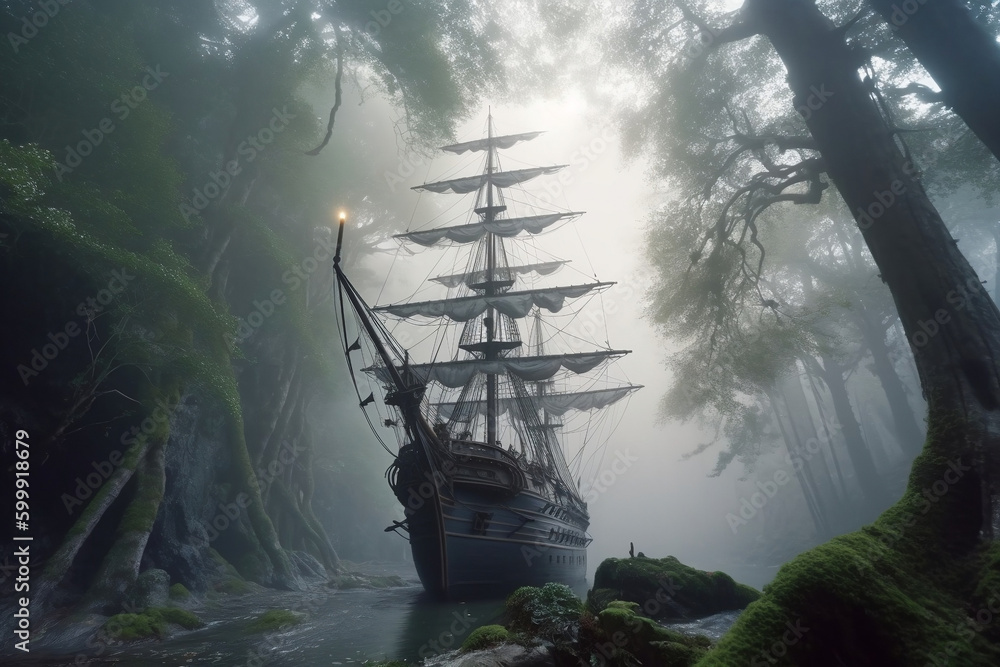 Ships in mysterious jungle waters, swamp forests, digital art ...