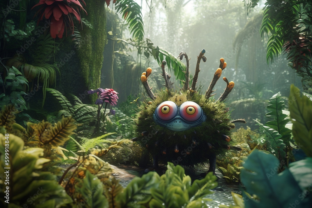 ภาพประกอบสต็อก Monster in the botanical jungle, forest creatures ...