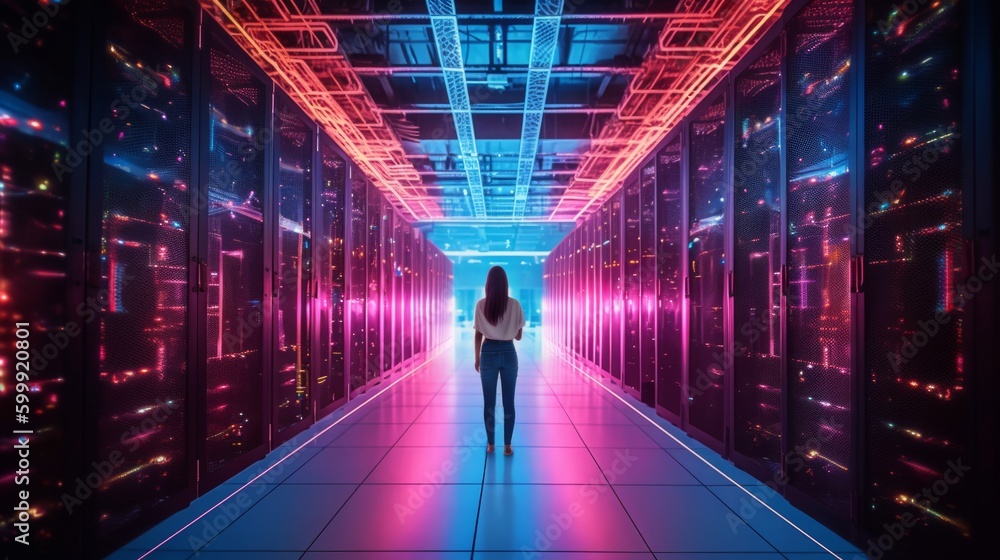 A woman stands in the hallway of a futuristic data center, overseeing the advanced technology ...