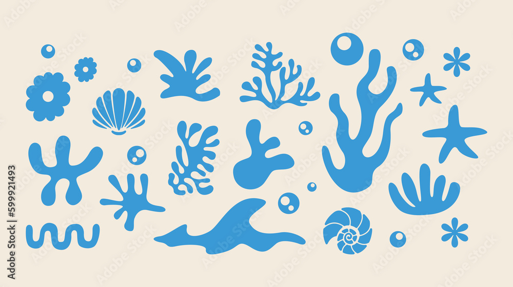 Marine life illustration pattern vector coral, shell, scallop, starfish ...