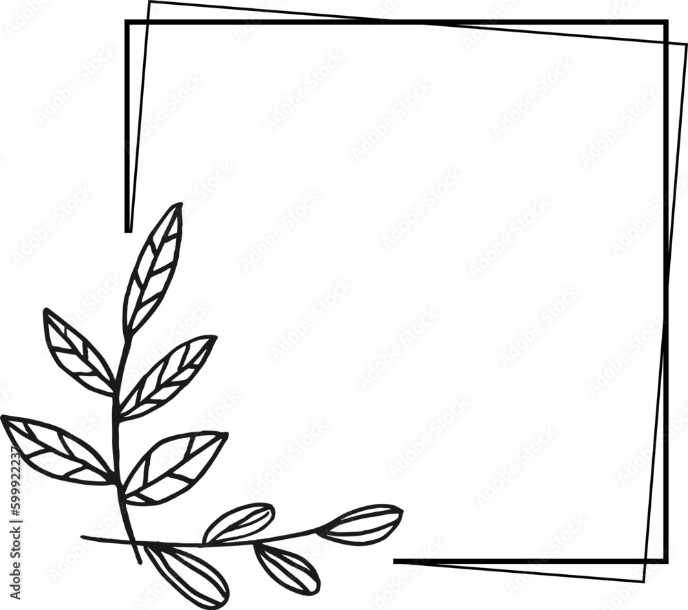 Simple square floral frame border with a corner of hand drawn plants ...