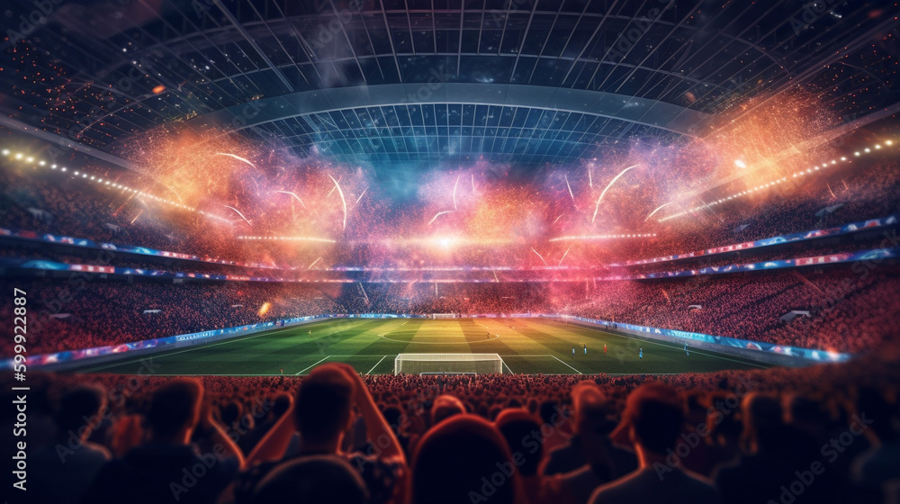 Fireworks display in a football stadium, full capacity soccer stadium ...