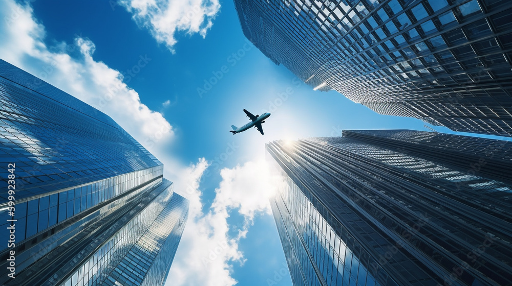 modern office buildings, tall office building with airplane in the sky ...