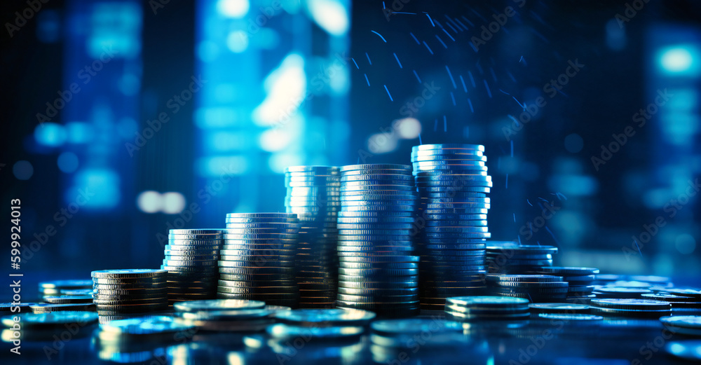 stacked coin in blue with lines and symbols on the background Stock ...