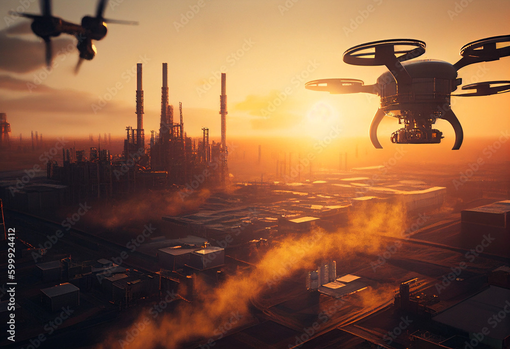 The drone is hovering above an industrial area, capturing an aerial ...