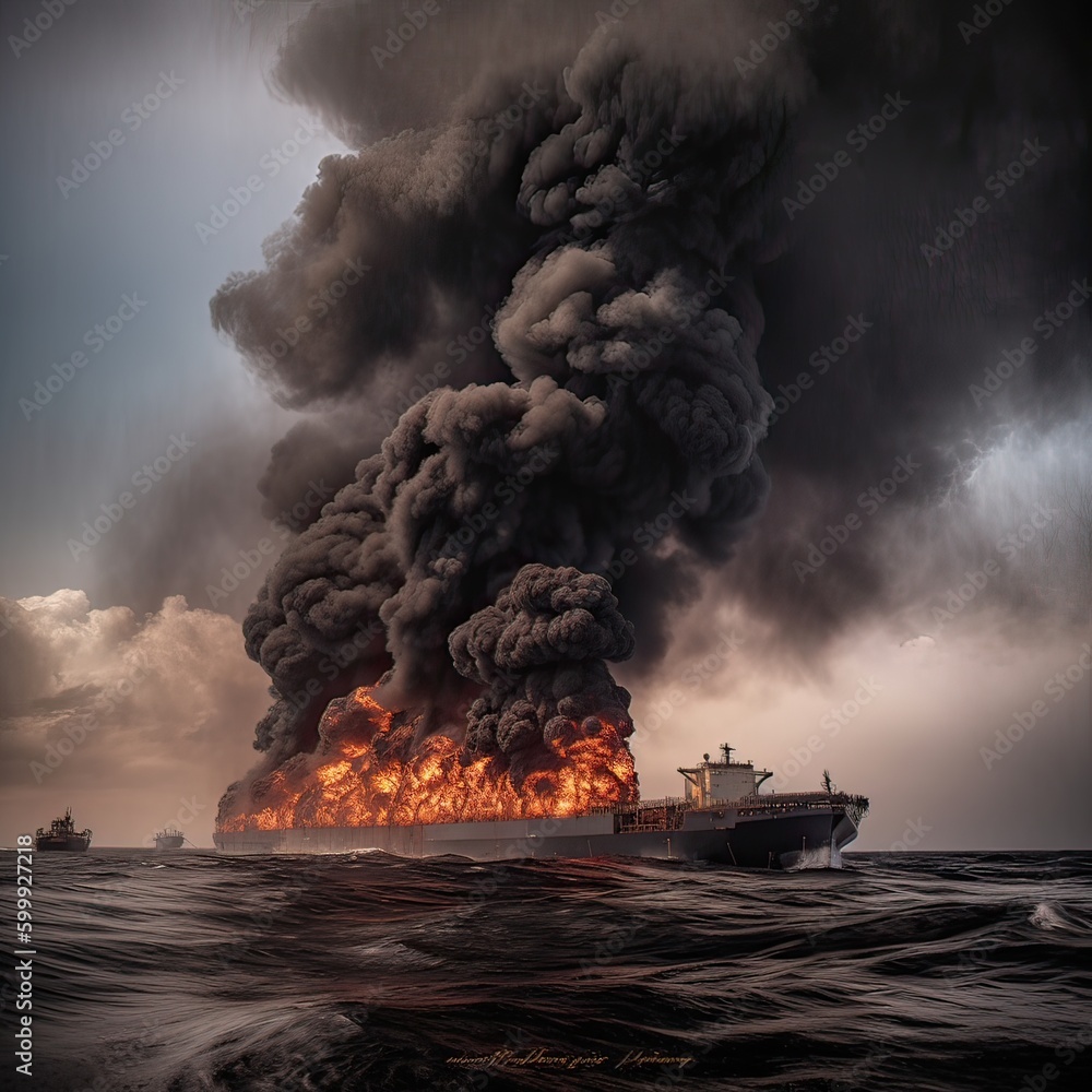 Fire on a cargo ship. A ship carrying liquefied gas is engulfed in ...