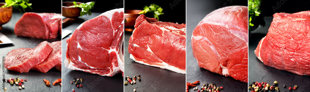 Conjunto de diferentes carnes crudas y frescas sobre fondo de piedra ...