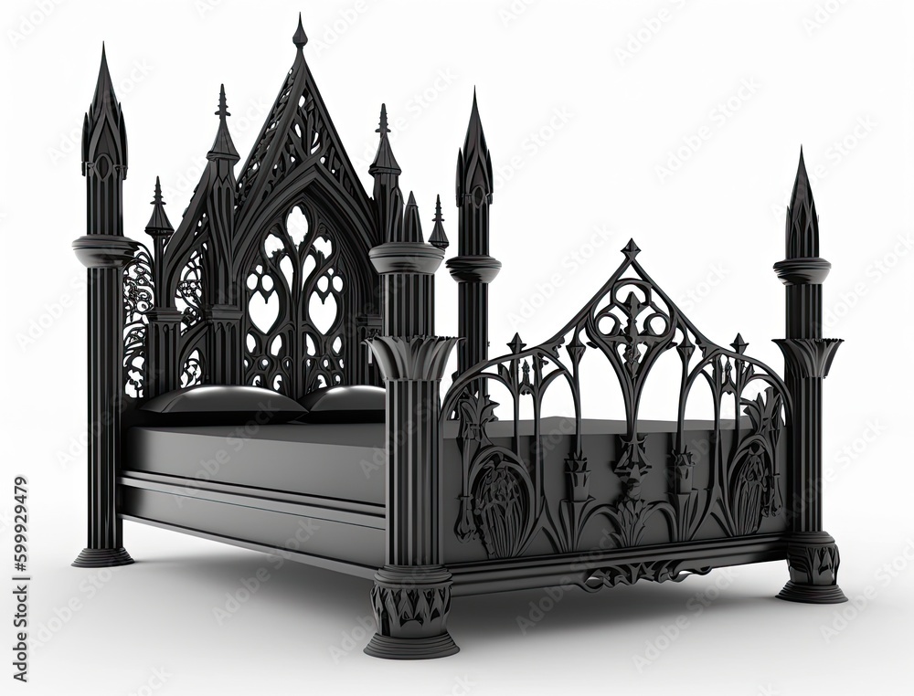 Black gothic royal bed with towers isolated on white background ...