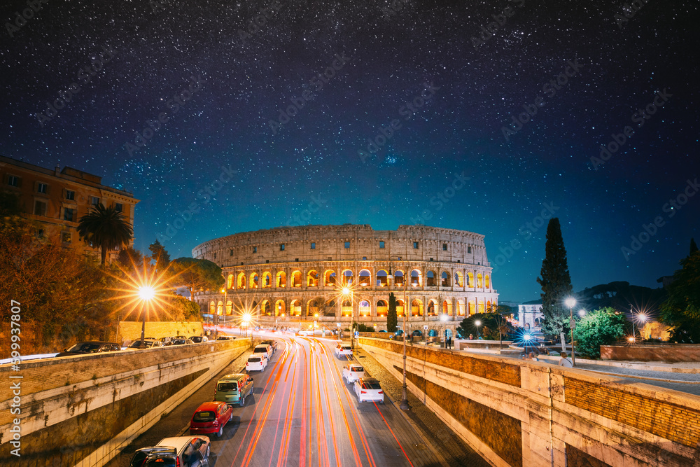Rome, Italy. Colosseum Also Known As Flavian Amphitheatre In Evening Or ...