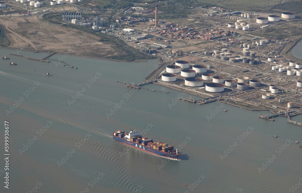Essex, UK - September 29, 2022: An aerial view of an APL container ship ...