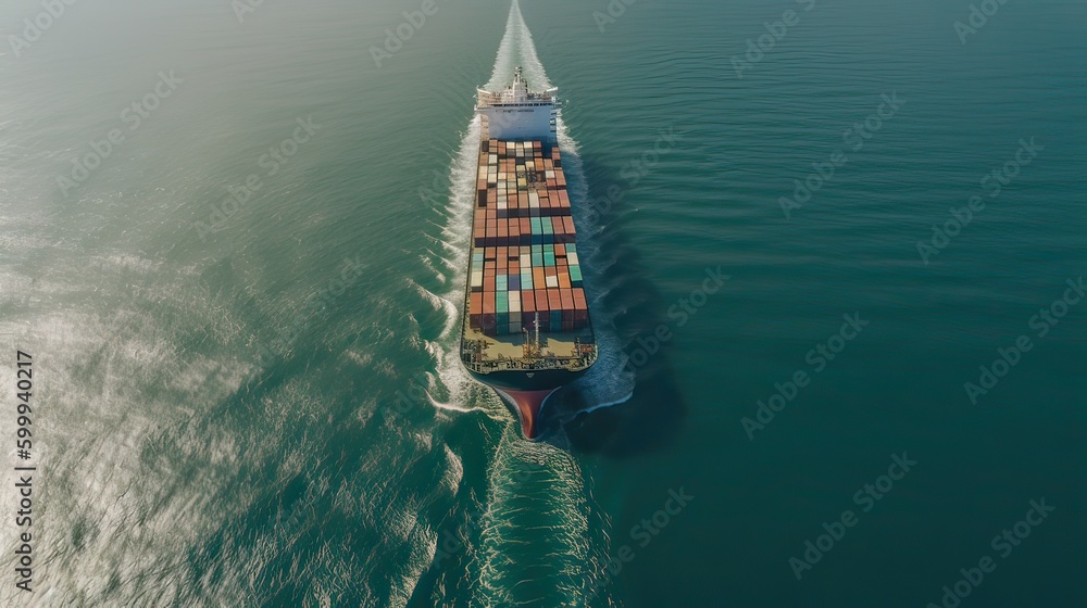 Aerial top view of cargo maritime ship with contrail in the ocean ship ...