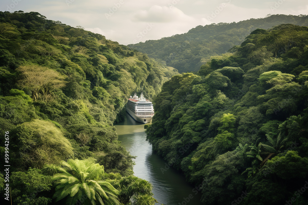 Cruise ship navigating through the Panama Canal with lush rainforest ...