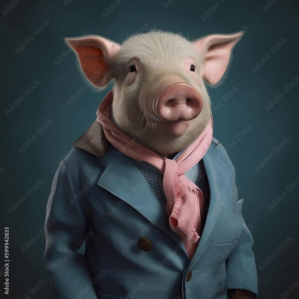 A pig in a human blue suit. AI generative Stock Illustration | Adobe Stock